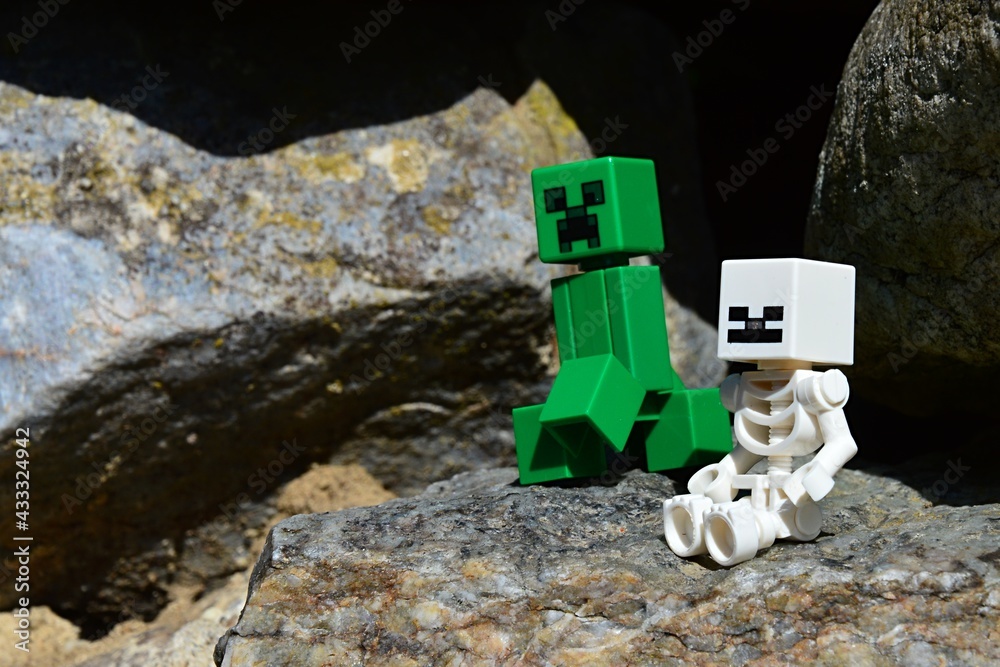 LEGO Minecraft monster mobs, Skeleton and Creeper, sitting in front of ...