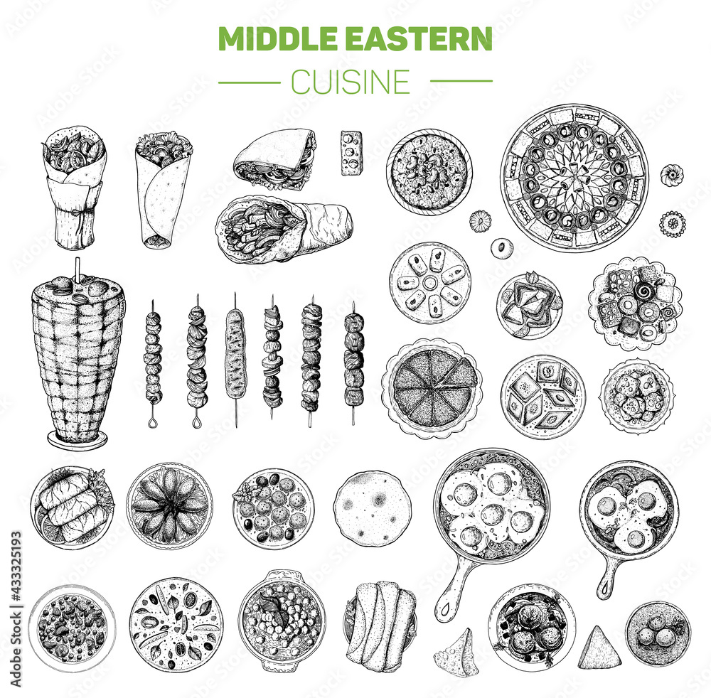 Arabic food hand drawn elements. Middle eastern food. Vintage hand ...
