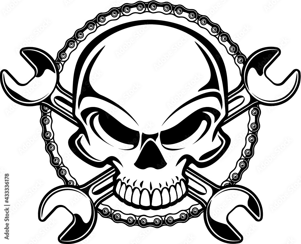 human skull with crossing wrenches and pistons Stock Vector | Adobe Stock