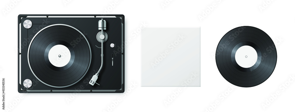 Realistic vinyl record player with blank cover and vinyl record. 3d ...