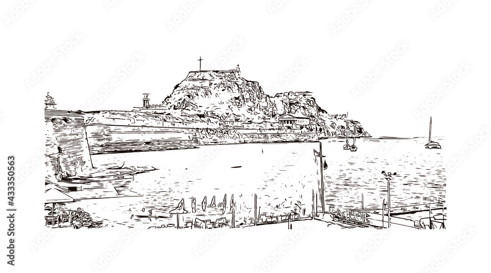 Building view with landmark of Corfu is the island in Greece. Hand ...