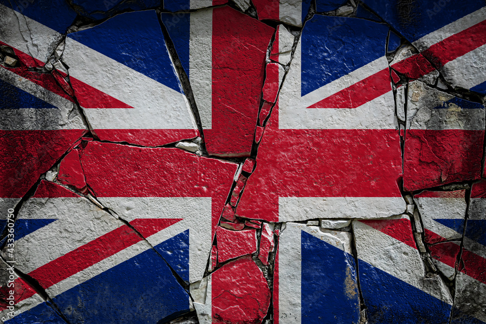 National flag of United Kingdom depicting in paint colors on an old ...