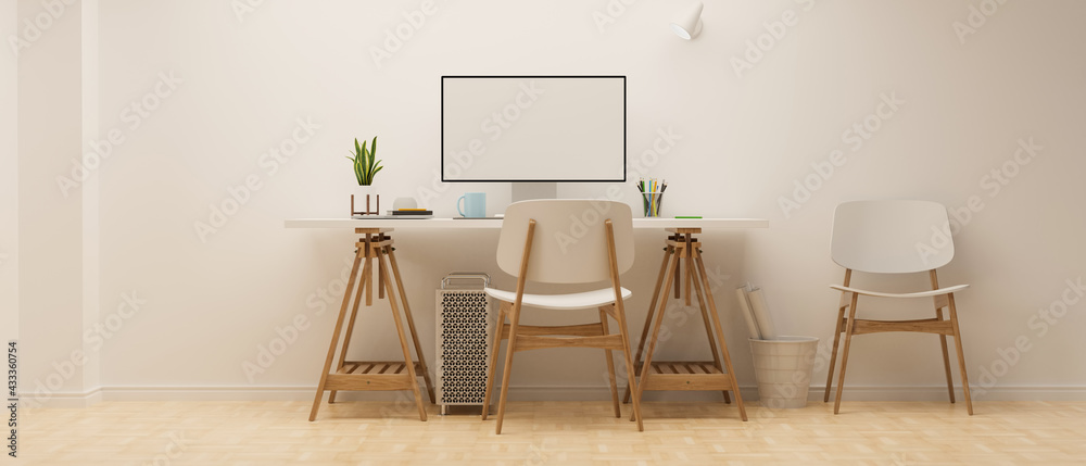 White home office interior design with computer table, chairs and ...