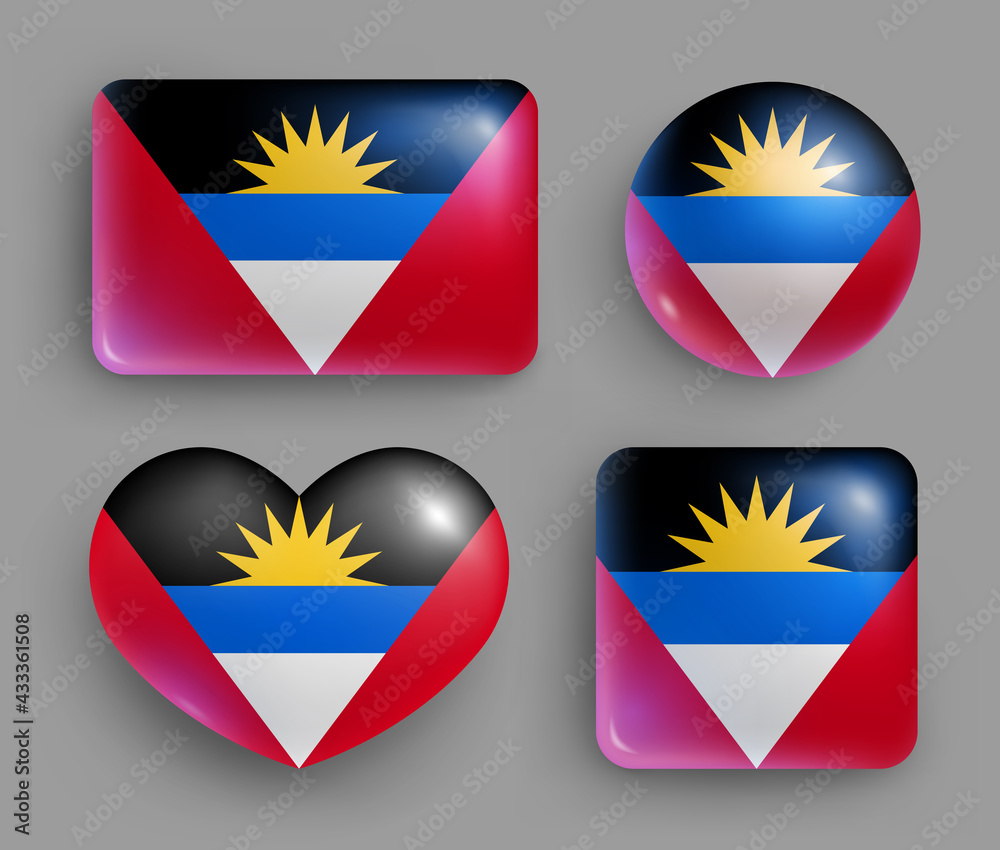Antigua and Barbuda country flag glossy button set. American country ...
