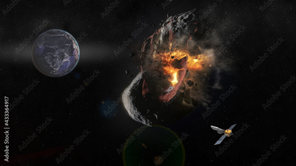 Saving planet Earth from asteroid. Explosion on a meteorite flying to ...