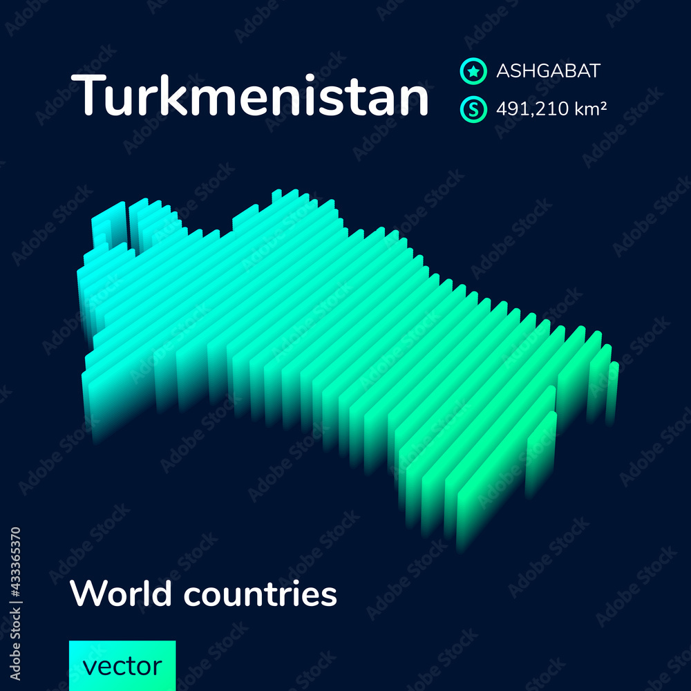 Turkmenistan 3d map. Stylized neon simple digital isometric striped ...