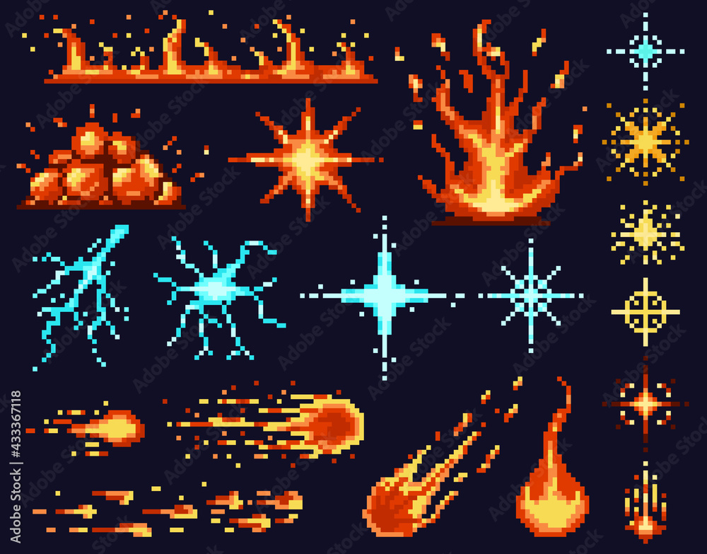 Pixel game light effects. Bright flash, light flares, sparkler, energy ...