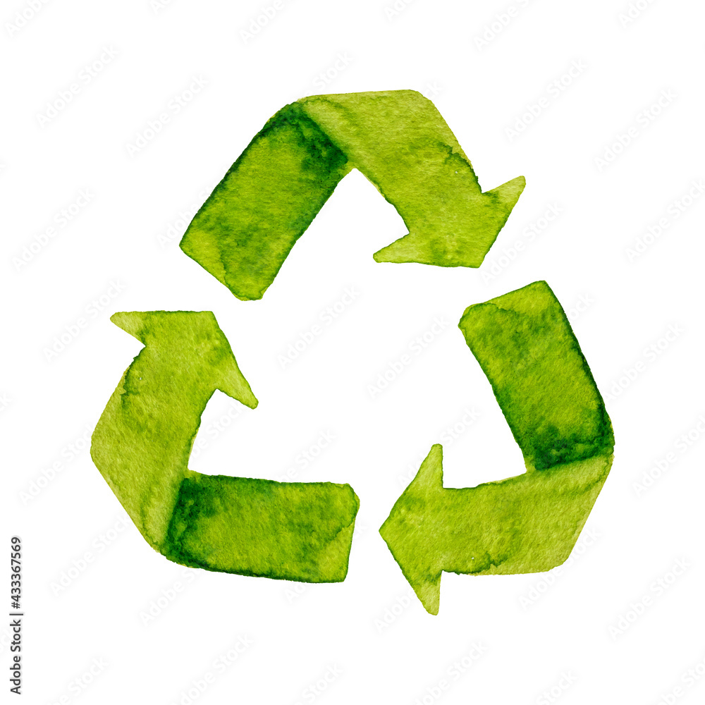 Vector watercolor green recycling symbol isolated on white background ...
