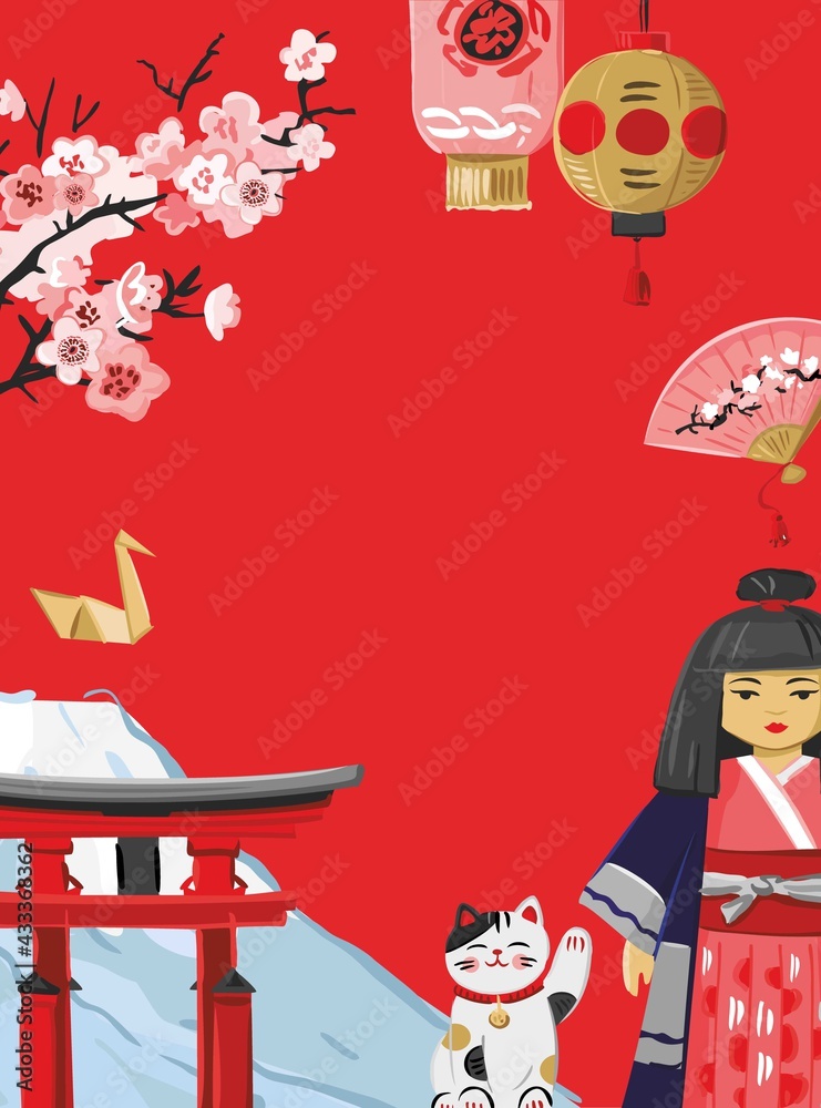 Poster template with japanese symbols, elements isolated on red. Banner ...