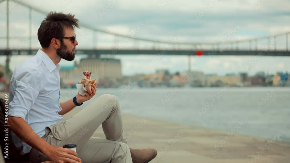 Busy Businessman Lunch Eating Sandwich And Talking On Phone.Manager ...