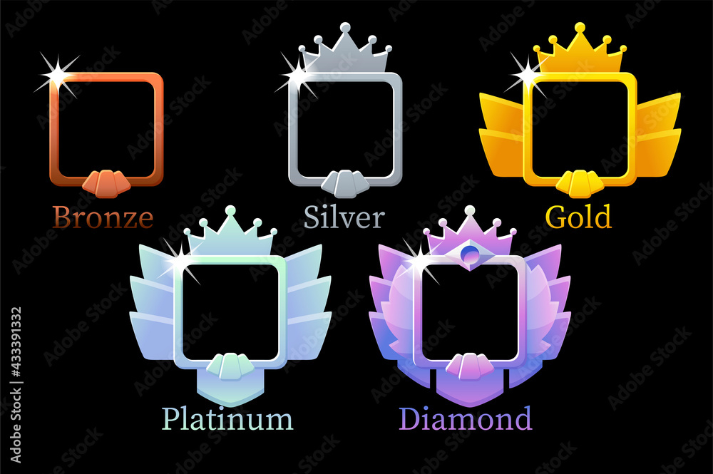 Square frames game rank, gold, silver, platinum, bronze, diamond avatar ...