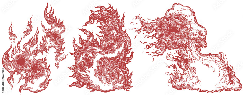 Puffs of flame. Design set. Editable hand drawn illustration. Vector ...