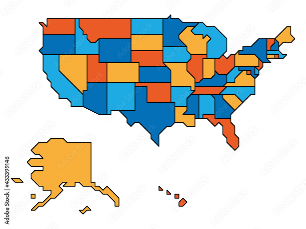 Colorful simplified map of USA, United States of America. Retro style ...
