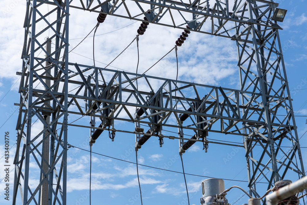 Main substation 69 kV to disconnect switch On a steel column structure ...