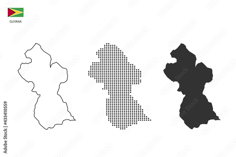 3 versions of Guyana map city vector by thin black outline simplicity ...