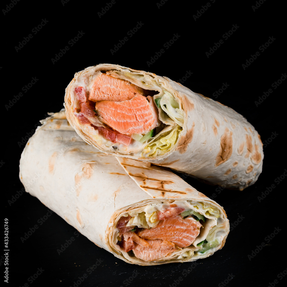 Seafood shawarma. Grilled Cheesy Gyros roll with roasted salmon fish ...