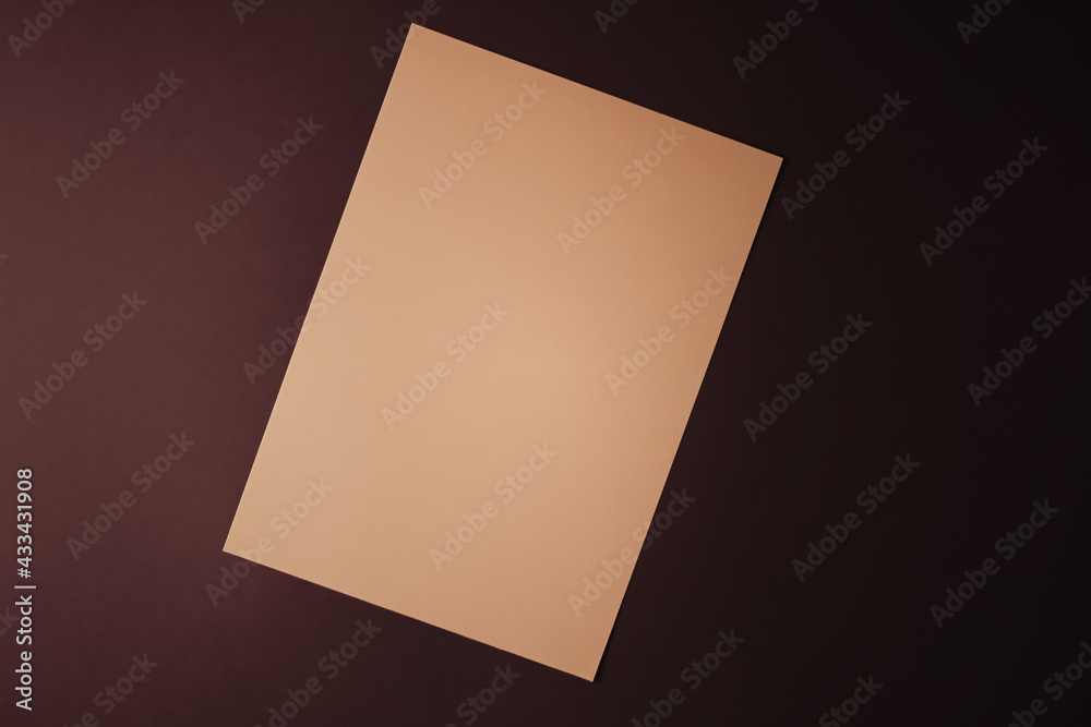 Blank A4 paper, beige on dark background as office stationery flatlay ...
