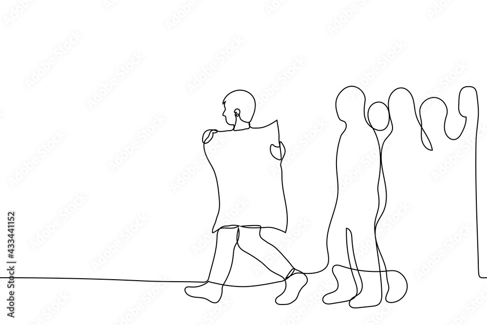 man walking with a banner in front of the crowd - one line drawing ...