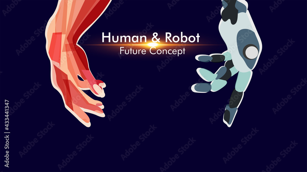 Blue Robot hand vs Human hand touching digital with virtual graphic ...