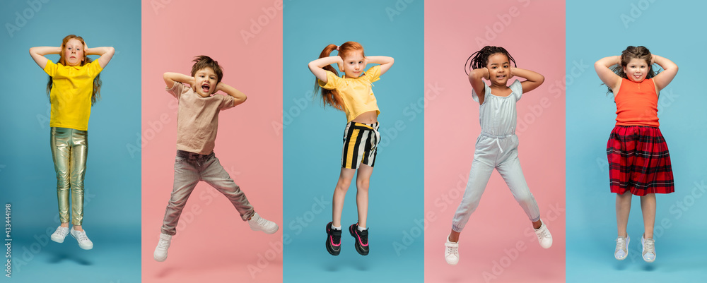 Art collage made of portraits of little and happy kids isolated on ...