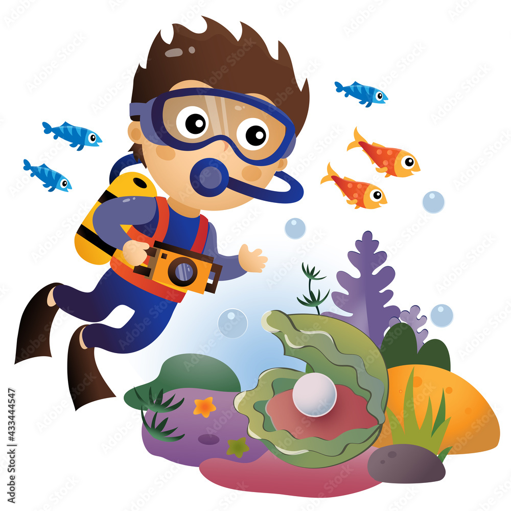 Vetor de Cartoon little boy scuba diver. Marine photography or shooting ...