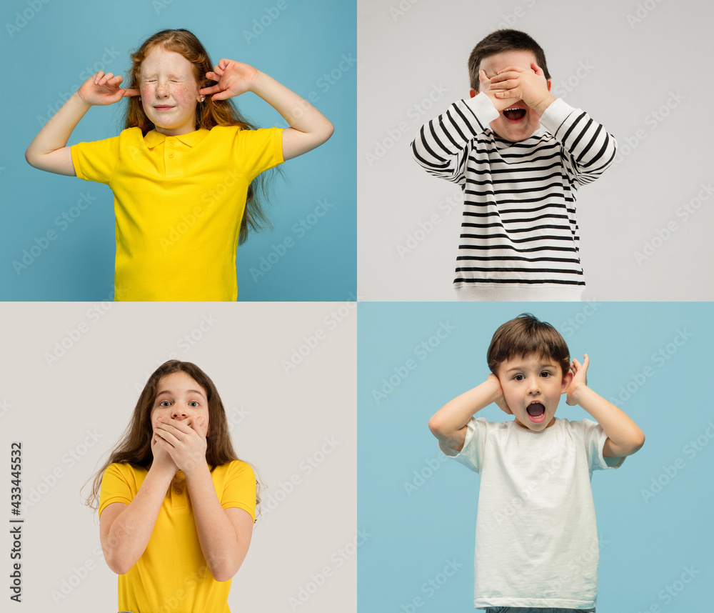 Art collage made of portraits of little and happy kids isolated on ...