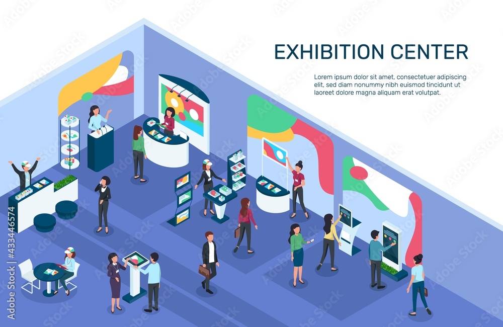Isometric expo. Exhibition center with people, exhibit displays, stands ...