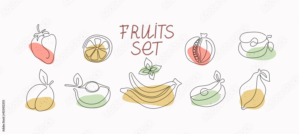 Abstract fruits set. Line art style. One line drawings with colored ...
