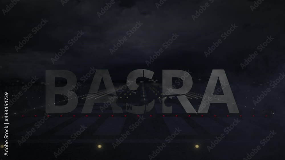Airliner taking off from the airport runway and BASRA city name, 3d ...