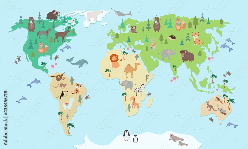 Fototapeta mapa świata dla dzieci Animals world map for kids ...
