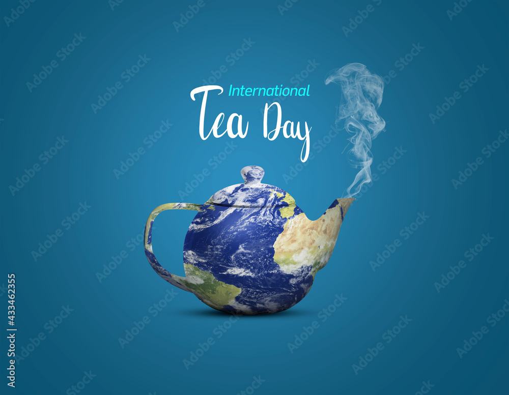International Tea Day concept background. World map and 3d tea kettle ...