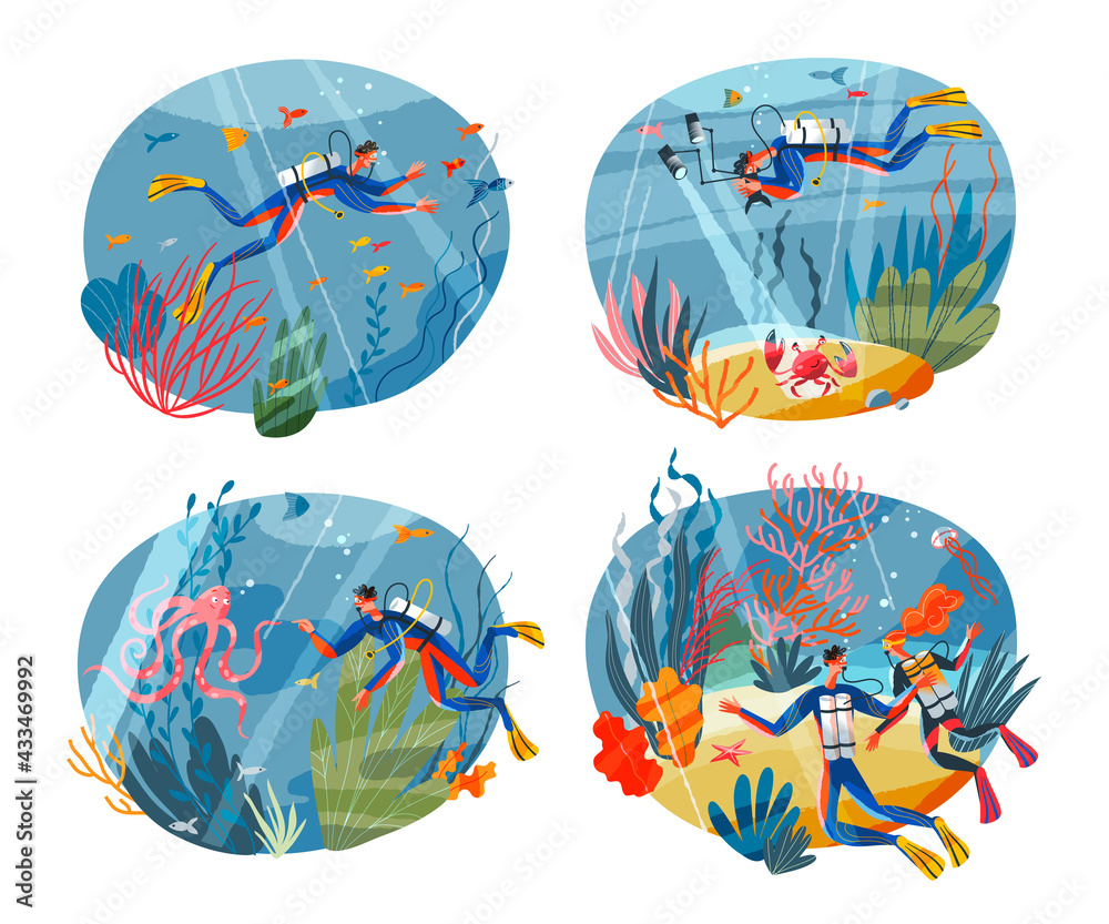 Scuba diving underwater set. Divers in ocean with fish, octopus, coral ...