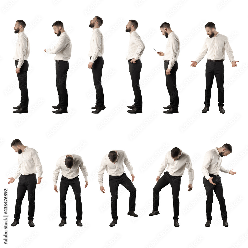 Collection of businessman waiting in line then searching something lost ...