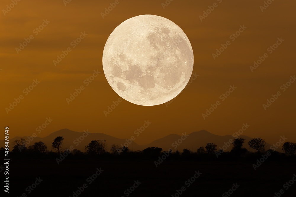 Full moon on sky with silhouette trees and mountain. Stock Photo ...