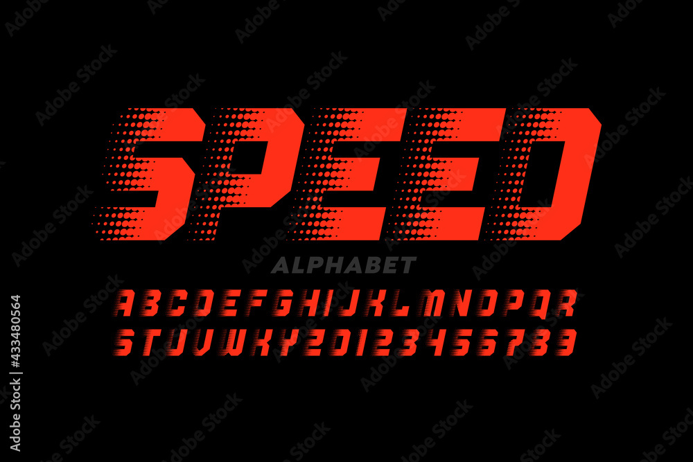 Speed style font, typography design, alphabet letters and numbers ...