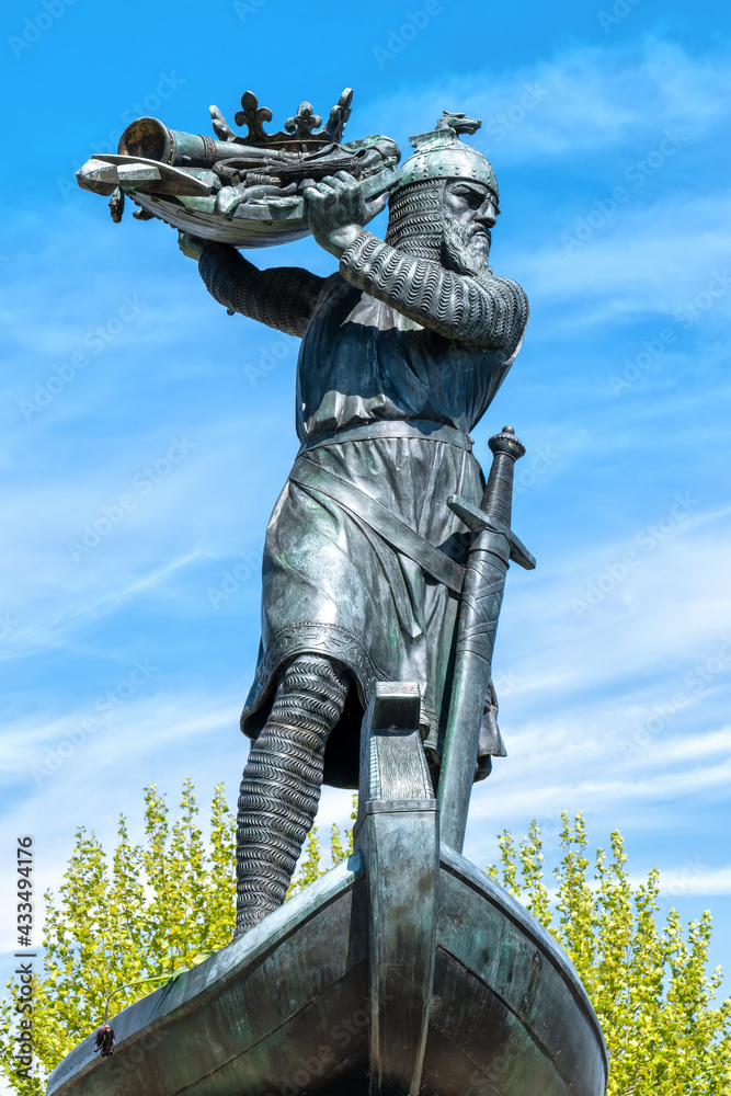 Hagen monument at the Rhine promenade in Worms, Germany. The Hagen ...