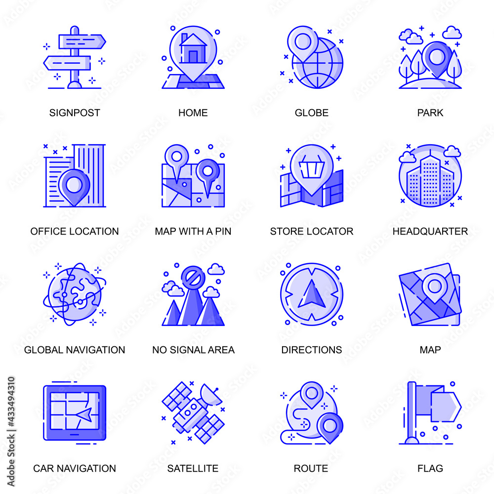 Navigation web flat line icons set. Pack outline pictogram of signpost ...