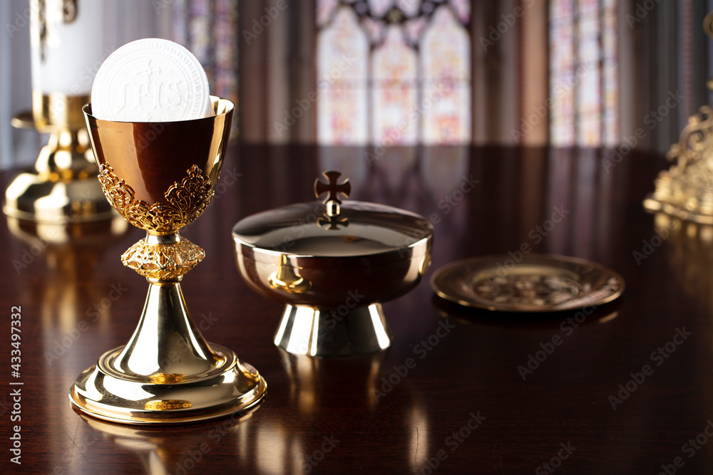 First Holy Communion. Catholic religion theme. Crucifix, the Croass and ...