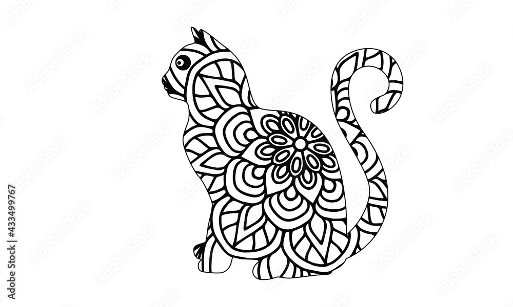 Hand drawn cat. Sketch for anti-stress adult coloring book in zen ...