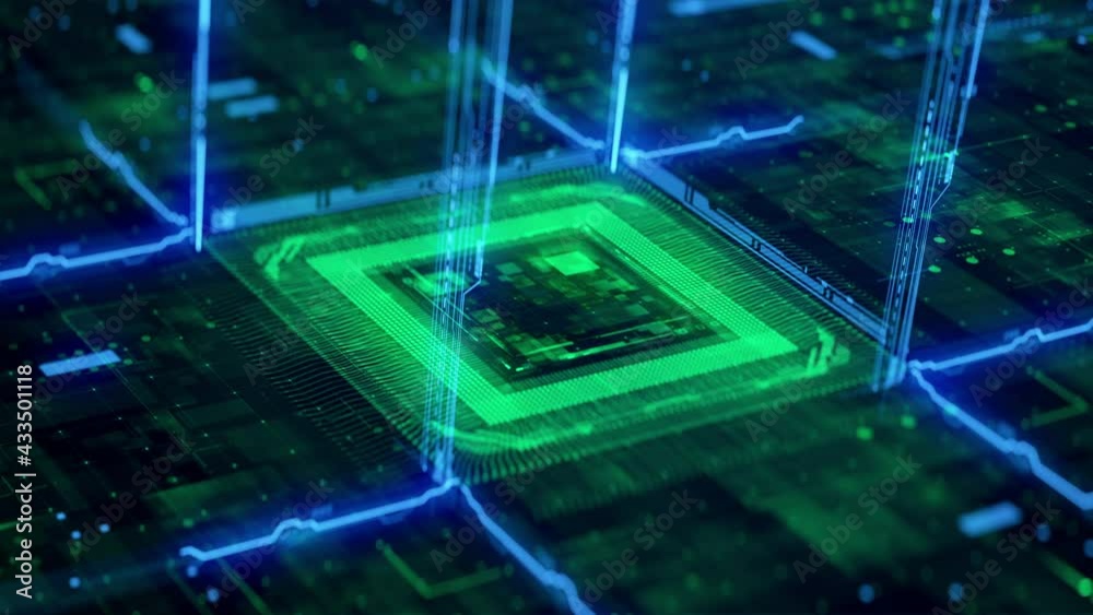Stockvideon Technology Background CPU Circuit. 3D visualization AI Processor Power. Colorful ...