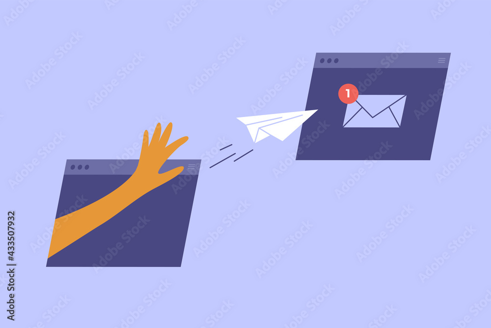 Human hand sending paper airplane from virtual computer window frame ...