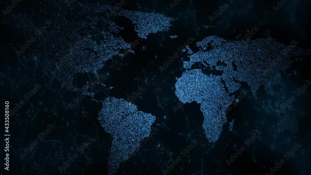 Flashing blue digital world map on dark black copy space background ...