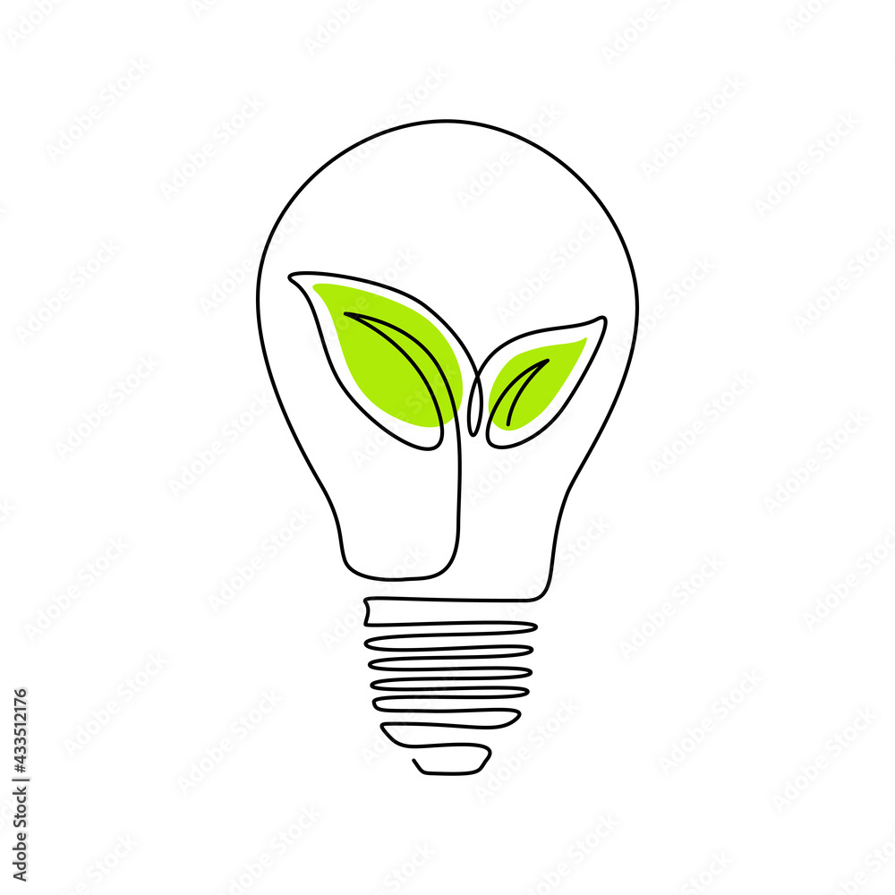 Plant inside Lightbulb in one line drawing. Creative concept of Green ...