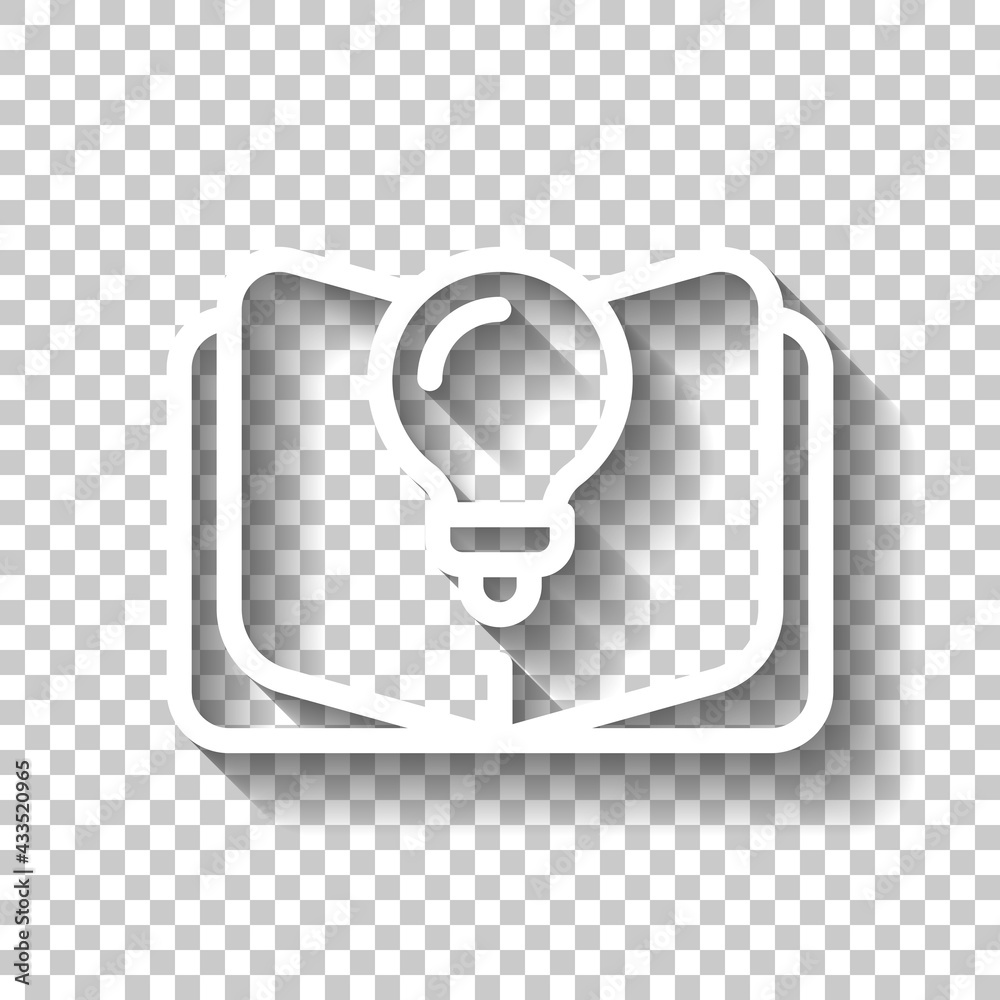Knowledge icon, book and bulb, innovative idea. White linear icon with ...