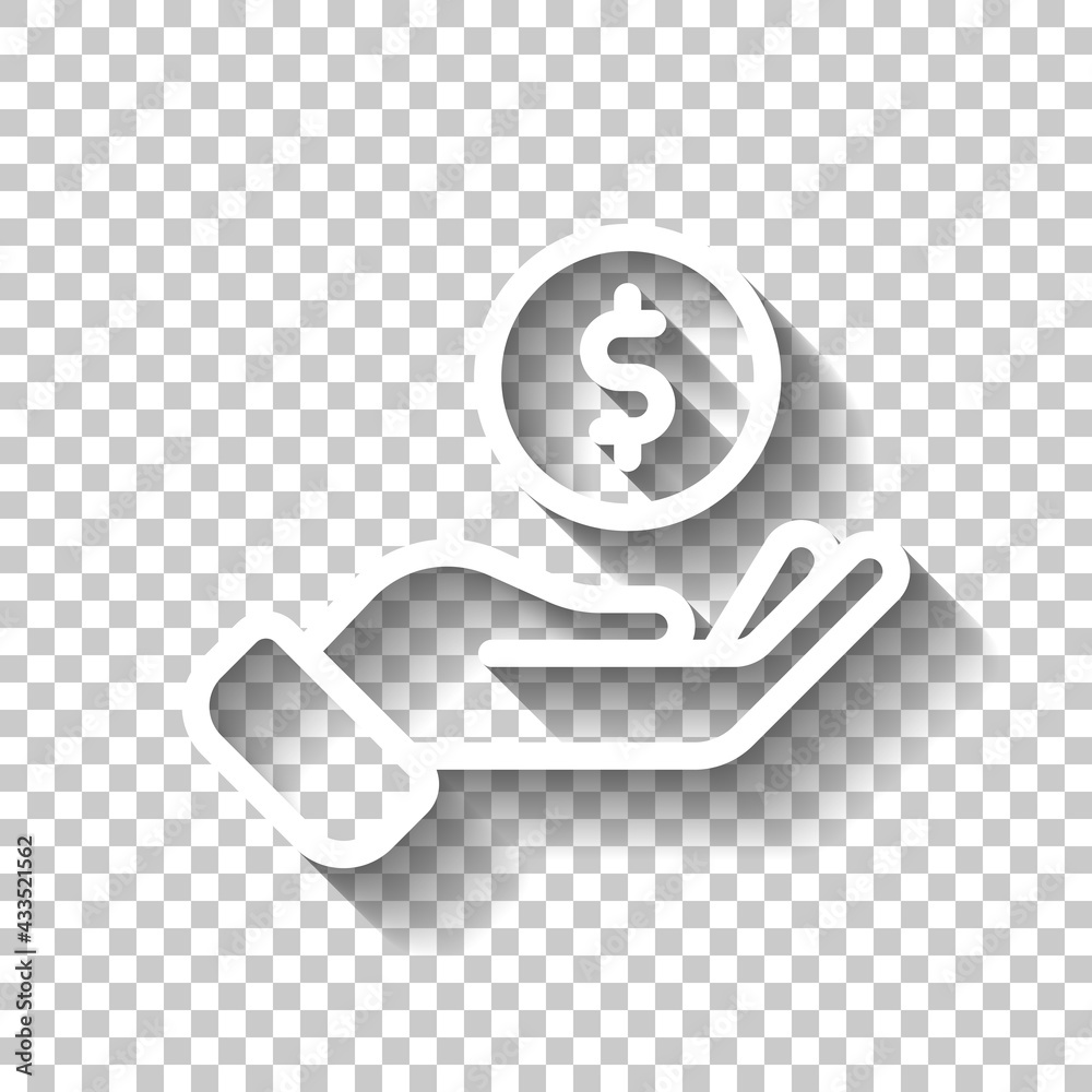 Hand and money, giving a cash, simple icon. White linear icon with ...