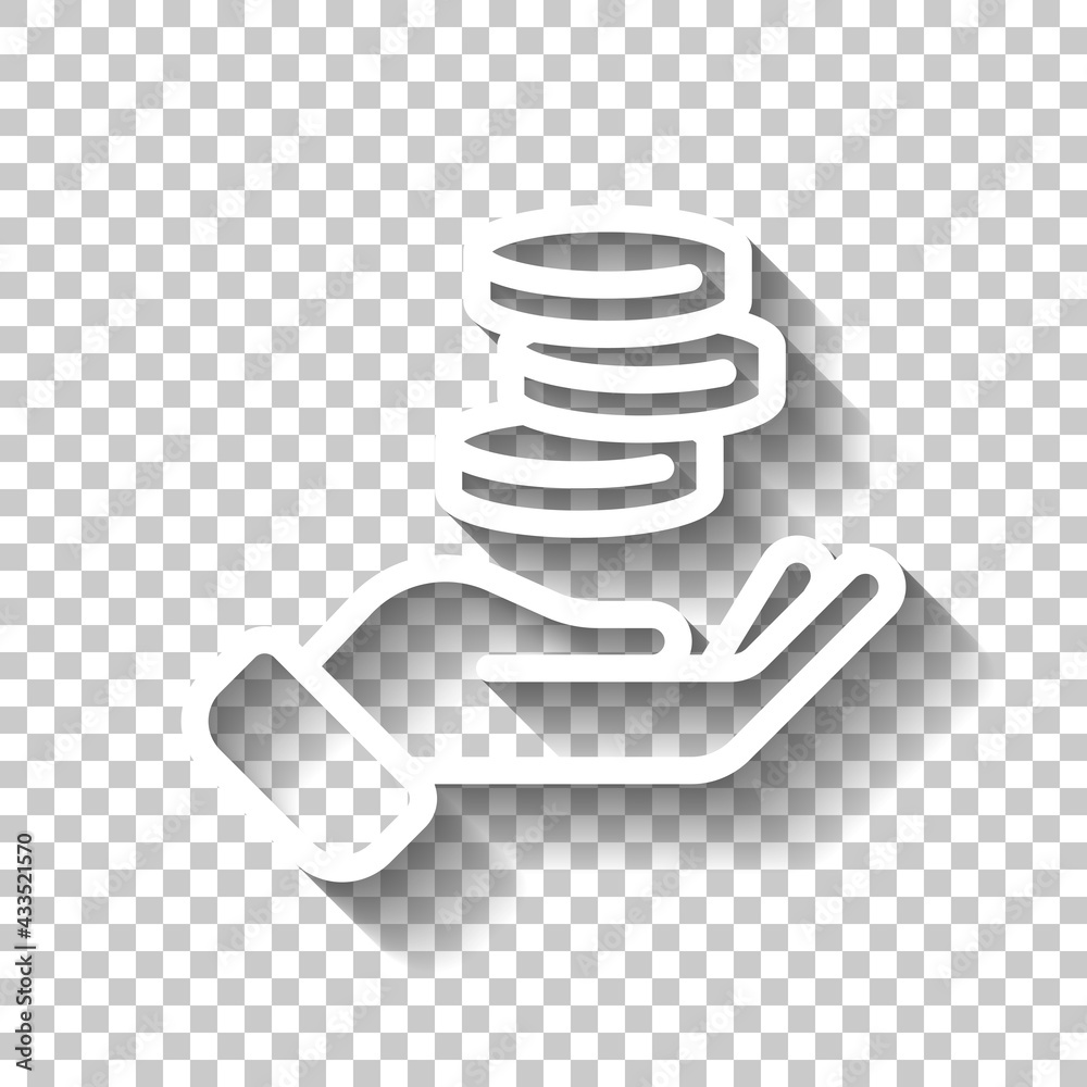Hand and money, giving a cash, simple icon. White linear icon with ...