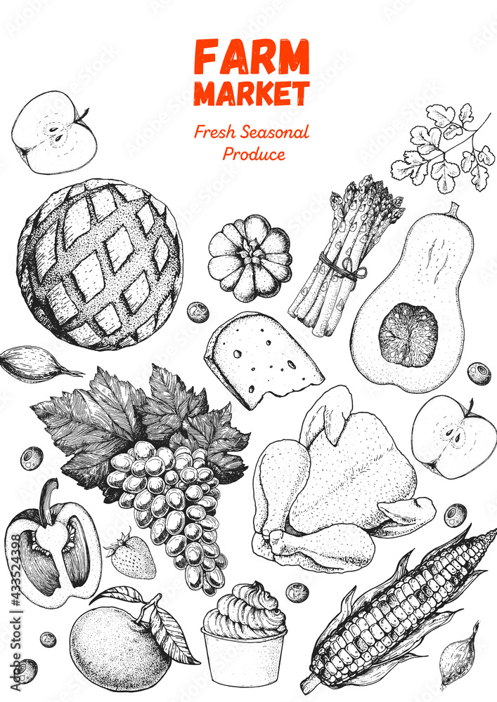 Various food frame. Meat, vegetabeles and fruits. Good food store ...