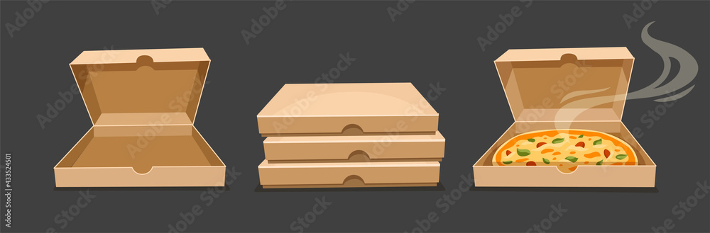 Pizza boxes. Closed and open bardboard box vector. Opened pizza fast ...
