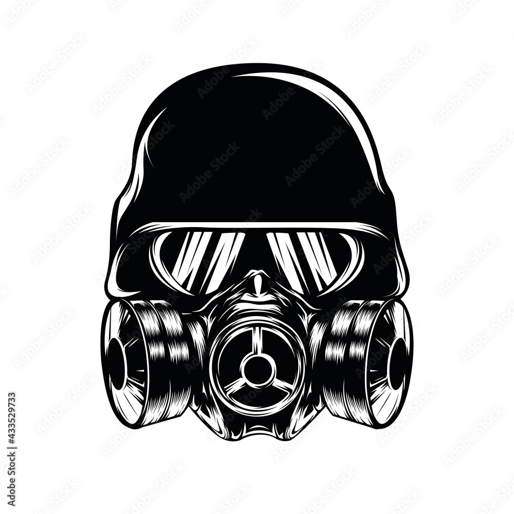 Military gas mask black and white vector illustration Stock Vector ...