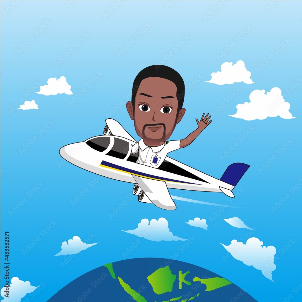 vector illustration of cartoon caricature of a black man in pilot ...